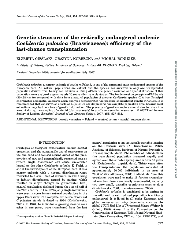 (PDF) Genetic structure of the critically endangered endemic Cochlearia polonica (Brassicaceae ...