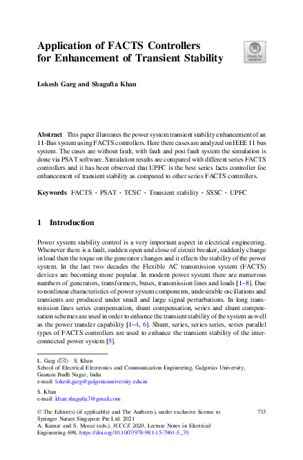 (PDF) Application of FACTS Controllers for Enhancement of Transient Stability