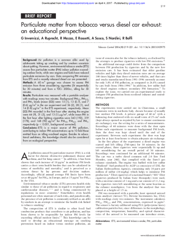 (PDF) Particulate matter from tobacco versus diesel car exhaust: an ...