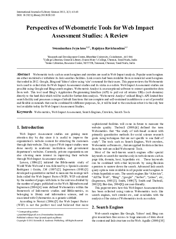(PDF) Perspectives of Webometric Tools for Web Impact Assessment ...