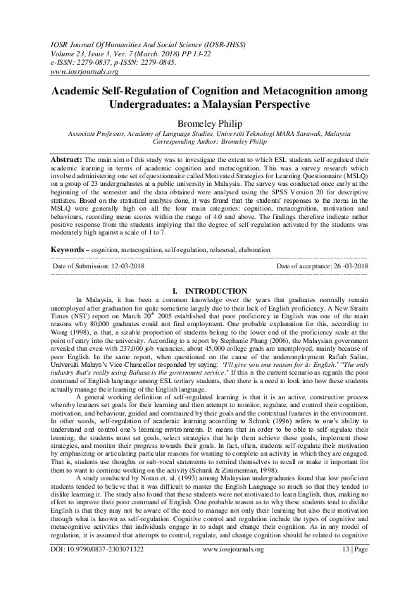Pdf Academic Self Regulation Of Cognition And Metacognition Among Undergraduates A Malaysian
