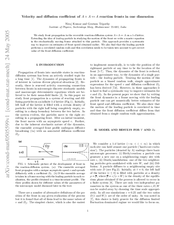 Pdf Velocity And Diffusion Coefficient Of A A↔a Reaction Fronts In One Dimension