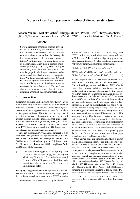 (PDF) Expressivity and comparison of models of discourse structure | Nicholas Asher - Academia.edu