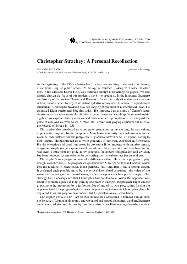 (PDF) Christopher Strachey: A Personal Recollection
