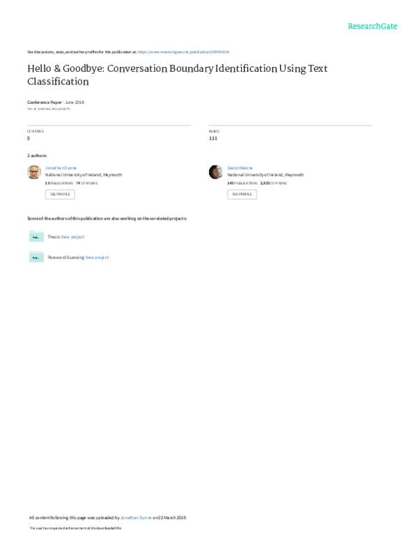 Pdf Hello Goodbye Conversation Boundary Identification Using Text Classification Jonathan