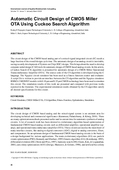 Pdf Automatic Circuit Design Of Cmos Miller Ota Using Cuckoo Search Algorithm Savan Kalal 7097