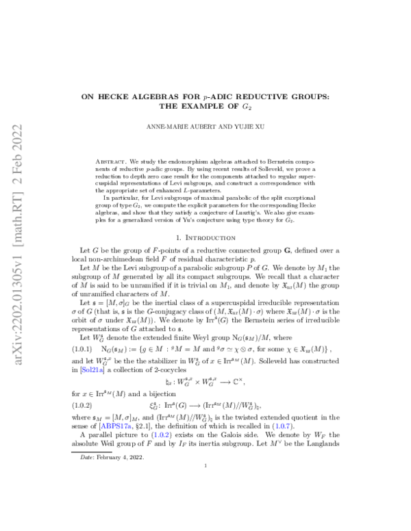 Pdf On Hecke Algebras For P Adic Reductive Groups The Example Of G 2 Anne Marie Aubert