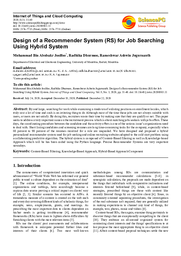 (PDF) Design of a Recommender System (RS) for Job Searching Using ...