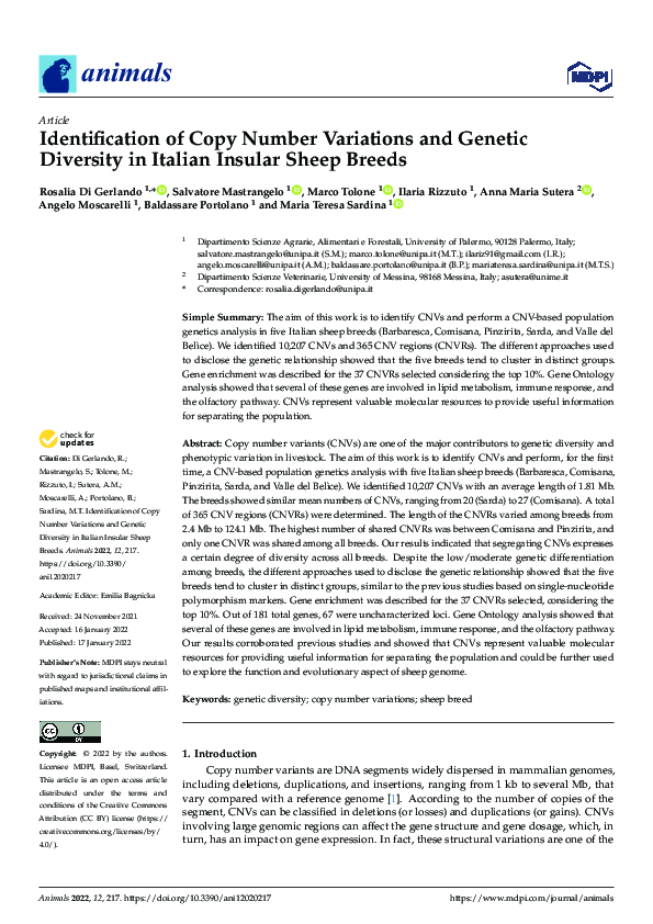 (PDF) Identification of Copy Number Variations and Genetic Diversity in Italian Insular Sheep Breeds