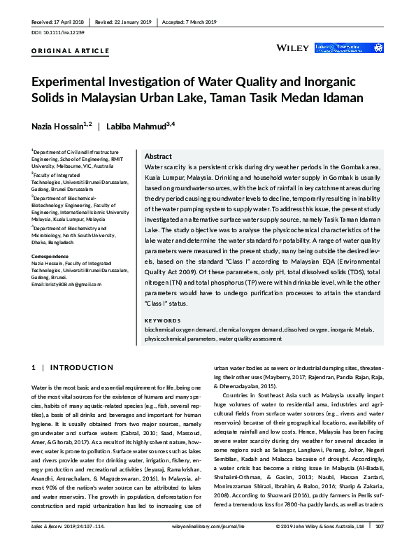(PDF) Experimental Investigation of Water Quality and Inorganic Solids ...