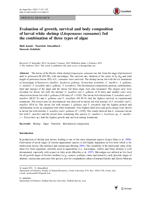 (PDF) Evaluation of growth, survival and body composition of larval white shrimp (Litopenaeus ...
