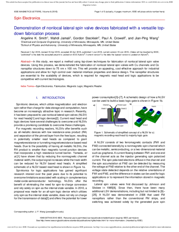 (PDF) Demonstration of nonlocal lateral spin valve devices fabricated ...