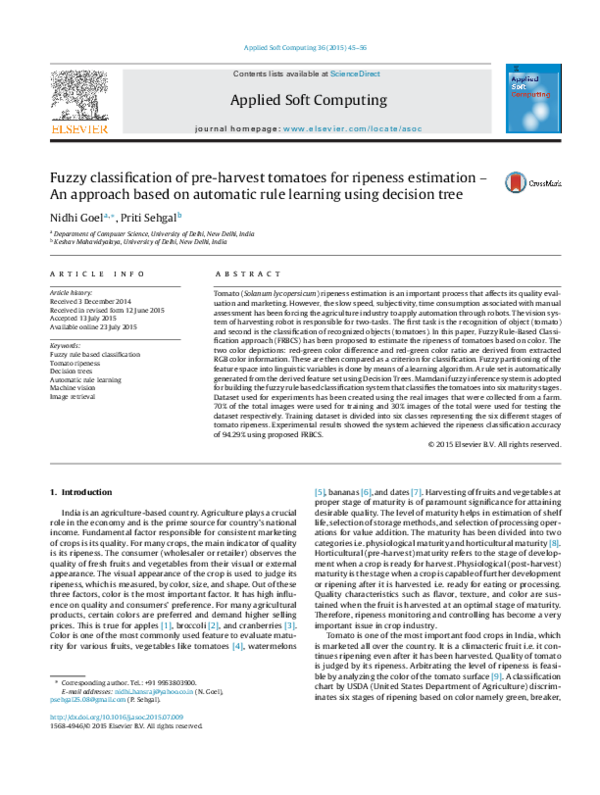 (PDF) Fuzzy classification of pre-harvest tomatoes for ripeness estimation – An approach based ...