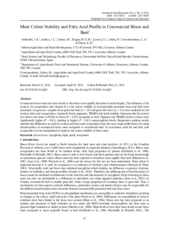 (PDF) Meat Colour Stability and Fatty Acid Profile in Commercial Bison ...