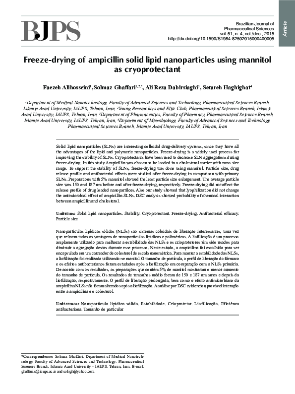 (PDF) Freeze-drying of ampicillin solid lipid nanoparticles using mannitol as cryoprotectant
