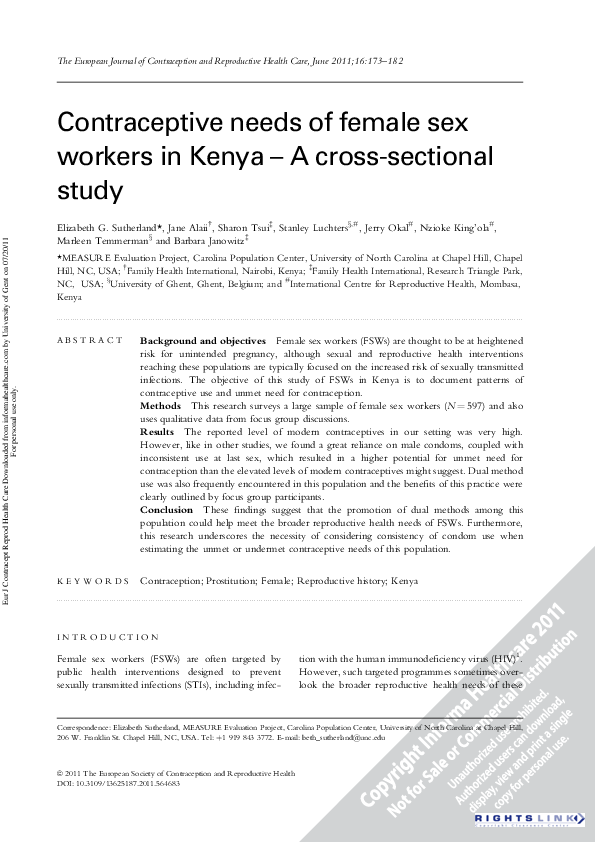 Pdf Contraceptive Needs Of Female Sex Workers In Kenya A Cross
