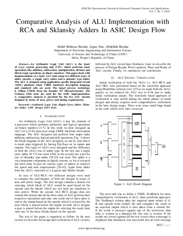 (PDF) Comparative Analysis of ALU Implementation with RCA and Sklansky Adders In ASIC Design Flow