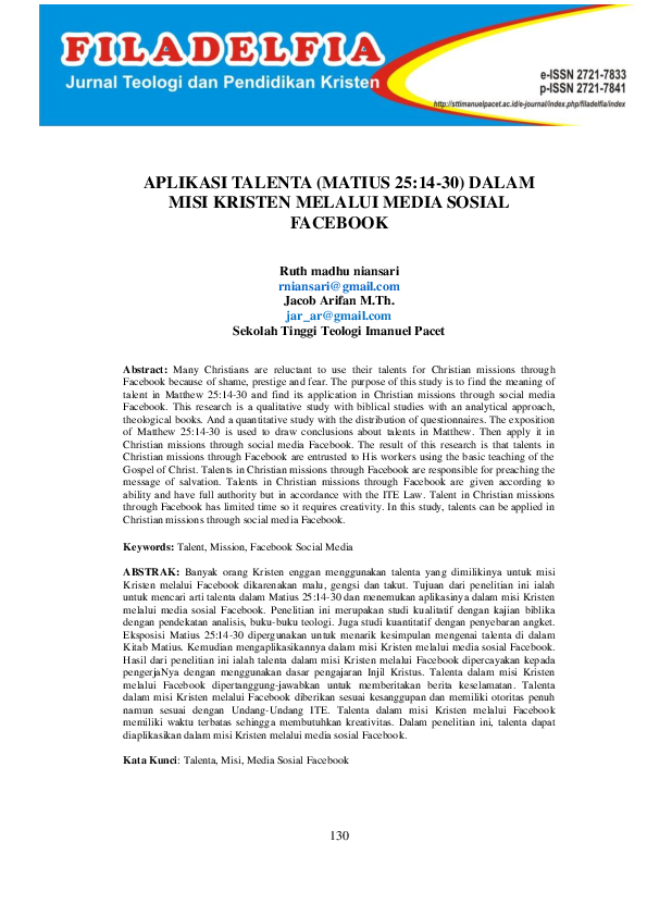 (PDF) Aplikasi Talenta (Matius 25:14-30) Dalam Misi Kristen Melalui ...
