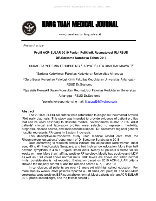 (PDF) Profil Klinis dan Laboratorium Pasien Reumatoid Artritis ...