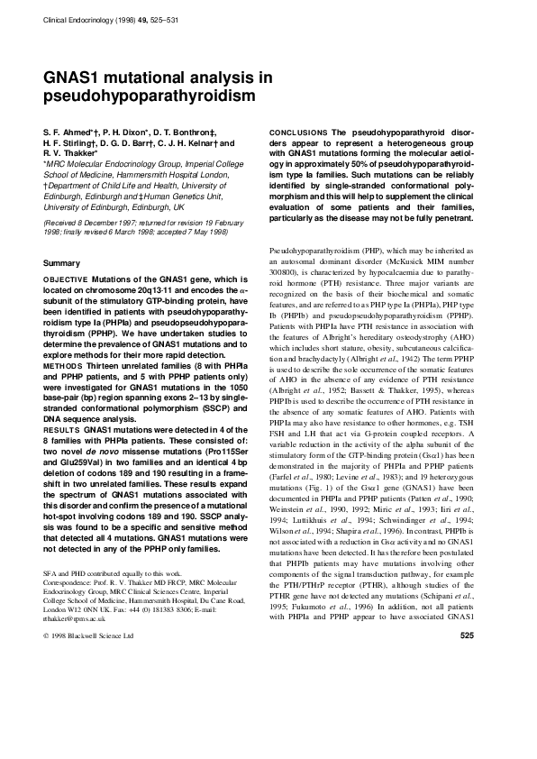 (PDF) GNAS1 mutational analysis in pseudohypoparathyroidism