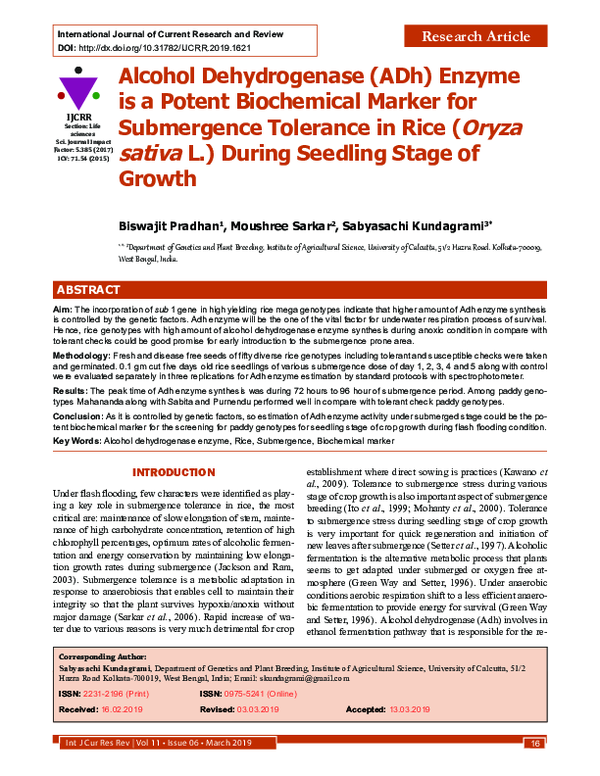 (PDF) Alcohol Dehydrogenase (ADh) Enzyme is a Potent Biochemical Marker ...