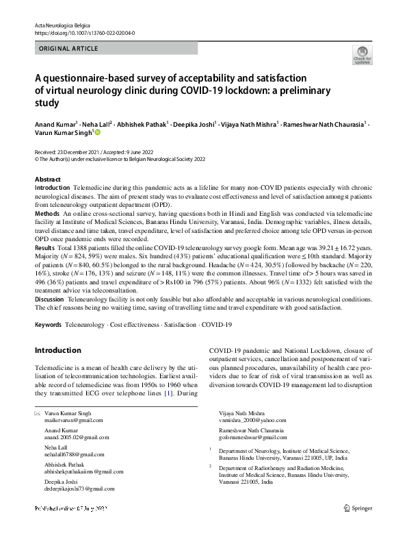 A questionnaire-based survey of acceptability and satisfaction of ...