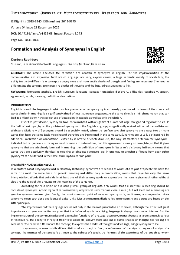 (PDF) Formation and Analysis of Synonyms in English