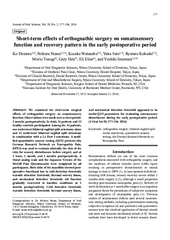 (PDF) Short-term effects of orthognathic surgery on somatosensory ...