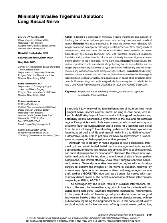 (PDF) Minimally Invasive Trigeminal Ablation: Long Buccal Nerve