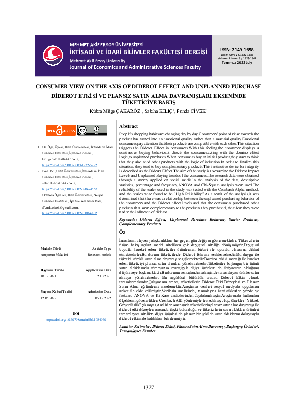 (PDF) CONSUMER VIEW ON THE AXIS OF DIDEROT EFFECT AND UNPLANNED PURCHASE DİDEROT ETKİSİ VE ...