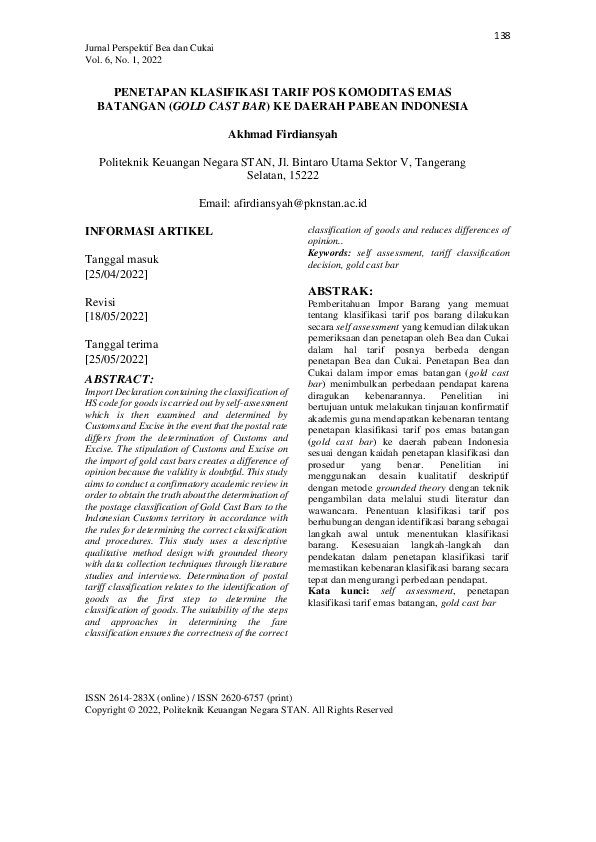 (PDF) Penetapan Klasifikasi Tarif Pos Komoditas Emas Batangan (Gold ...