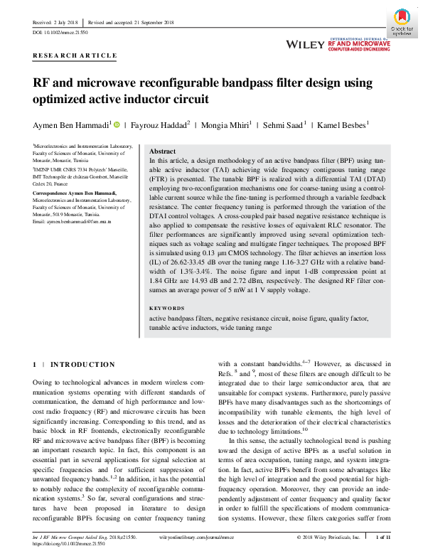 Pdf Rf And Microwave Reconfigurable Bandpass Filter Design Using Optimized Active Inductor Circuit