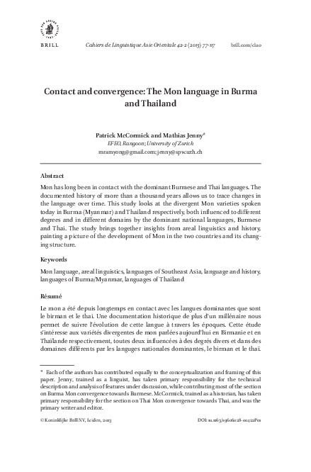 (PDF) Contact and convergence: The Mon language in Burma and Thailand