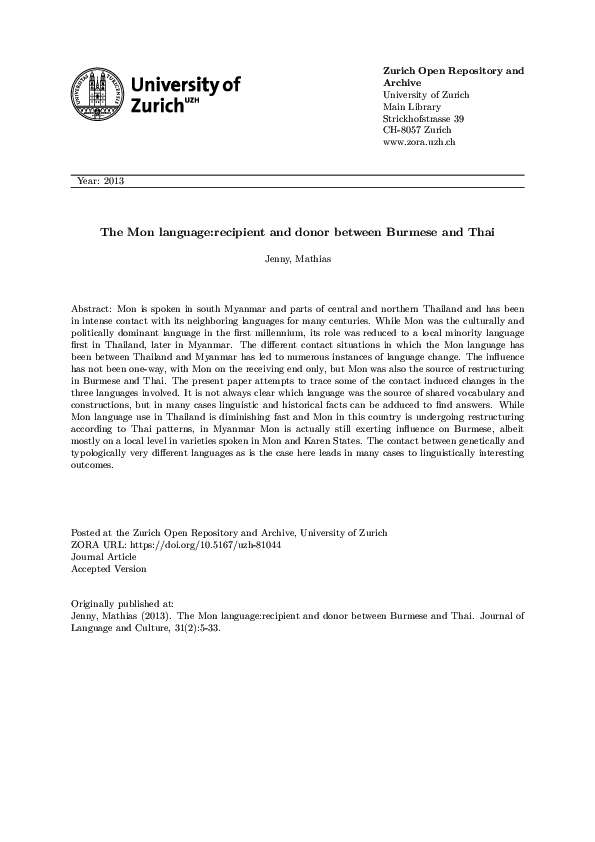 (PDF) The Mon language:recipient and donor between Burmese and Thai