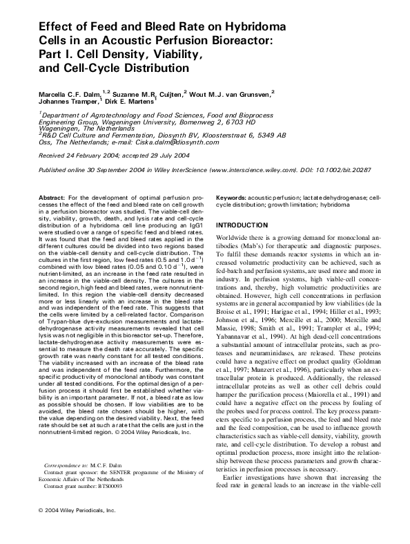 (PDF) Effect of feed and bleed rate on hybridoma cells in an acoustic ...