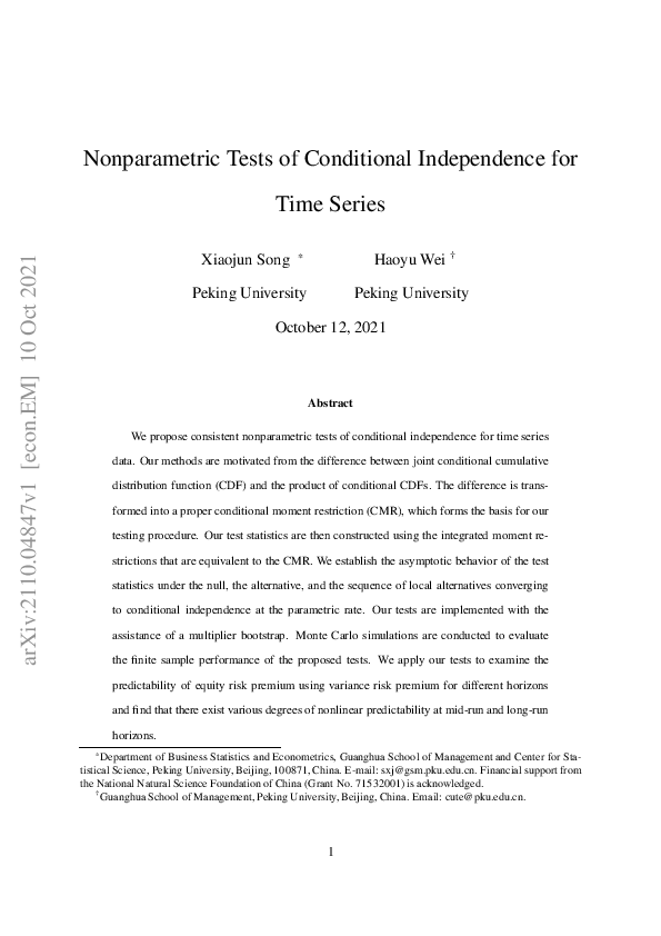 (PDF) Nonparametric Tests of Conditional Independence for Time Series