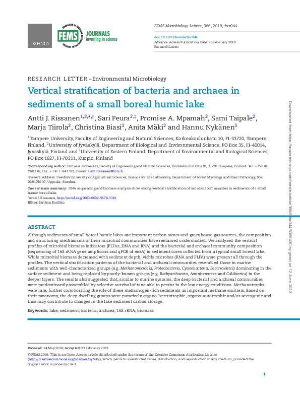 (PDF) Vertical stratification of bacteria and archaea in sediments of a small boreal humic lake