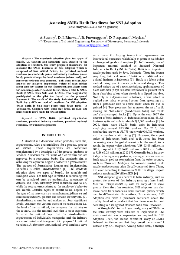 (PDF) Assessing SMEs Batik readiness for SNI adoption (Case Study SMEs Solo and Yogyakarta ...