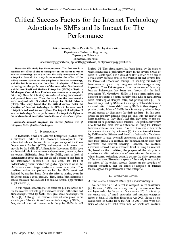 (PDF) Critical success factors for the internet technology adoption by SMEs and its impact for ...