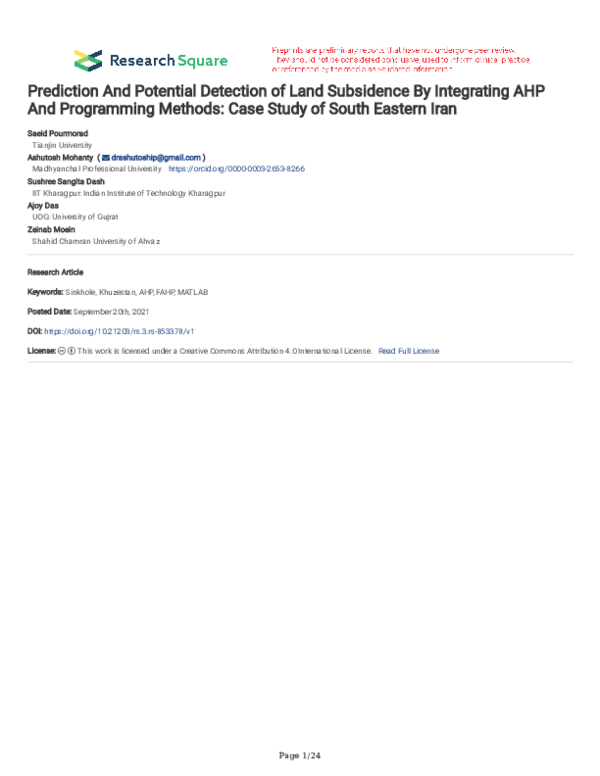Pdf Prediction And Potential Detection Of Land Subsidence By Integrating Ahp And Programming