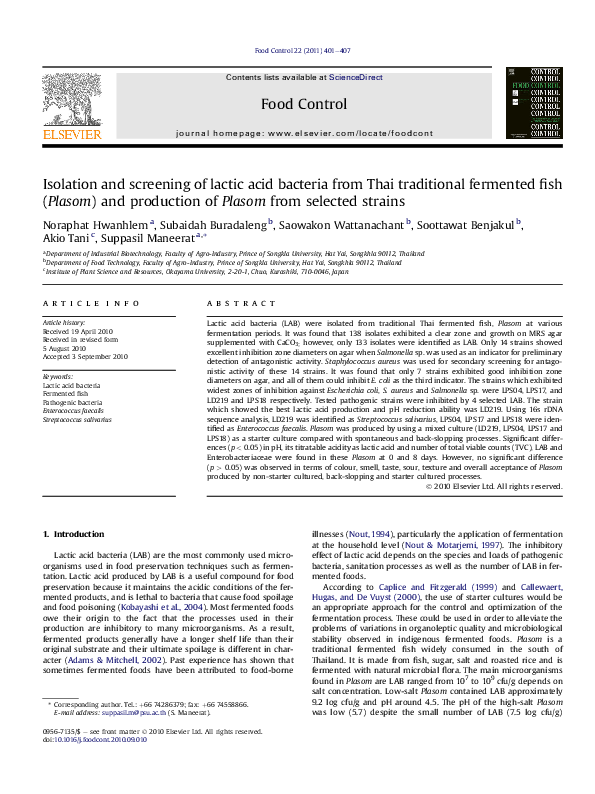 (PDF) Isolation and screening of lactic acid bacteria from Thai traditional fermented fish ...
