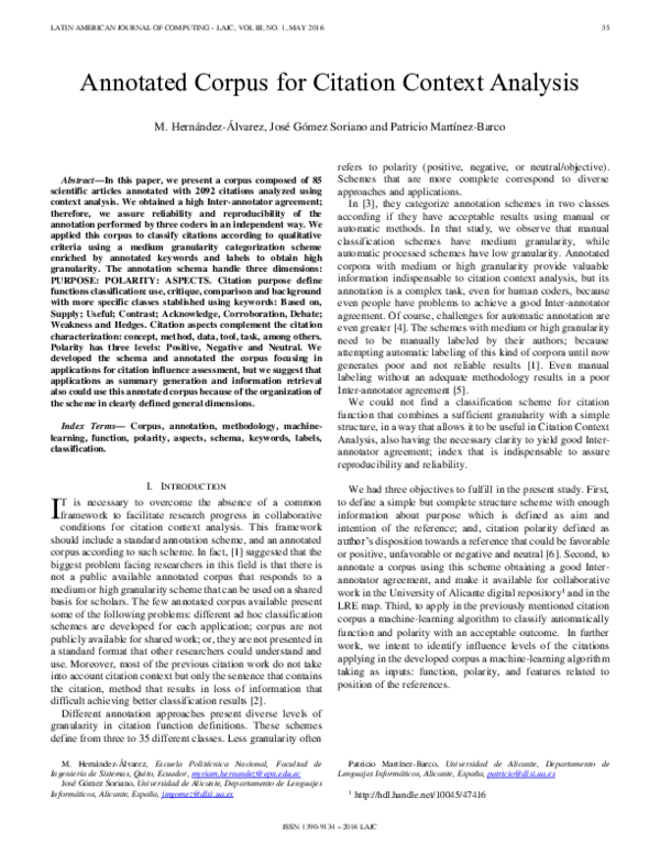 (PDF) Annotated Corpus for Citation Context Analysis | Patricio ...