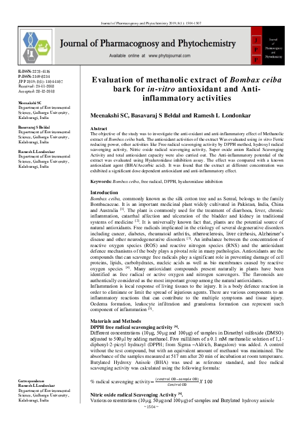(PDF) Evaluation of methanolic extract of Bombax ceiba bark for in-vitro antioxidant and Anti ...
