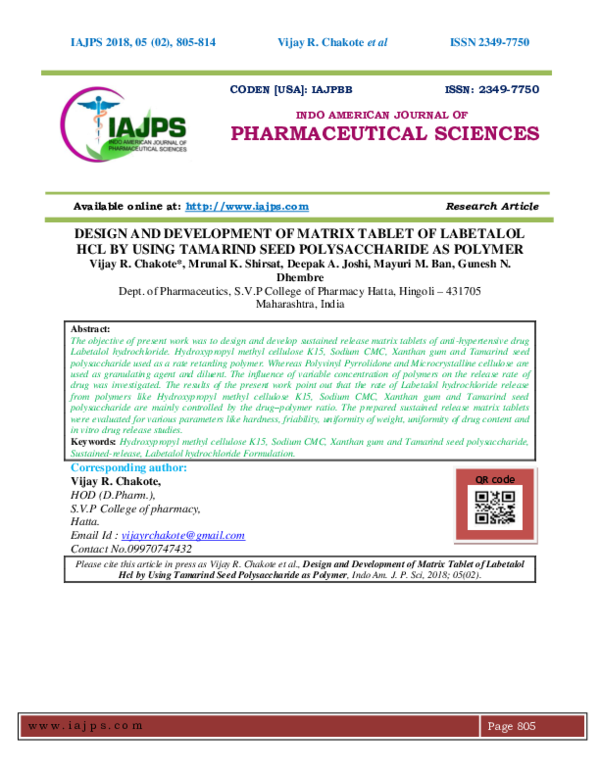 Pdf Design And Development Of Matrix Tablet Of Labetalol Hcl By Using Tamarind Seed