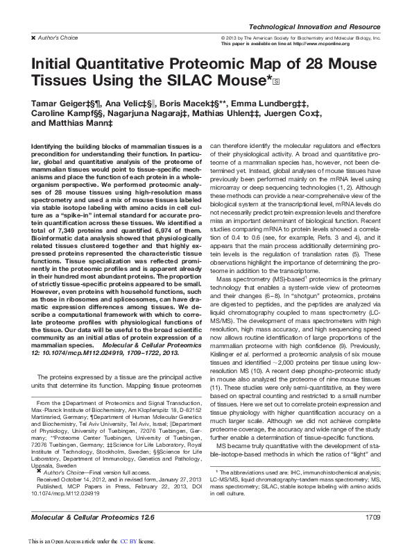 Pdf Initial Quantitative Proteomic Map Of 28 Mouse Tissues Using The