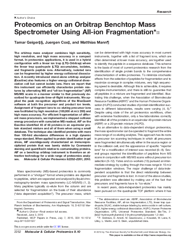 (PDF) Proteomics on an Orbitrap benchtop mass spectrometer using all ...