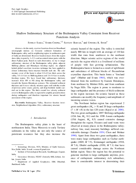 (PDF) Shallow Sedimentary Structure of the Brahmaputra Valley Constraint from Receiver Functions ...