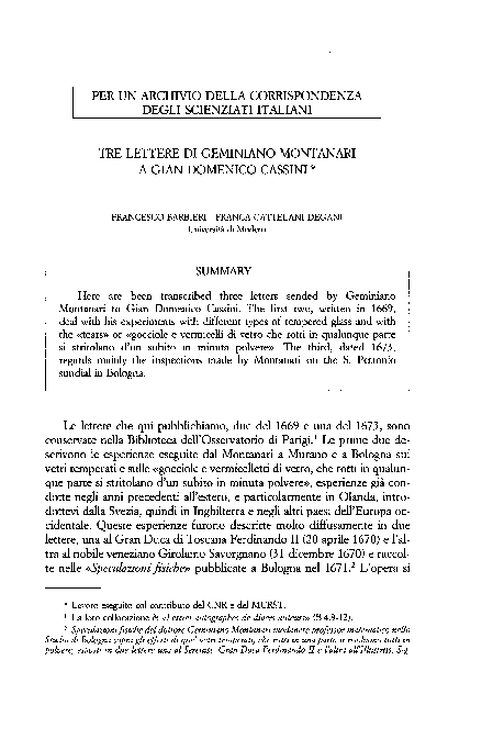 (PDF) Tre Lettere DI Geminiano Montanari a Gian Domenico Cassini