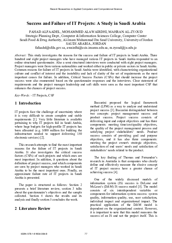 (PDF) Success and failure of IT projects: a study in Saudi Arabia