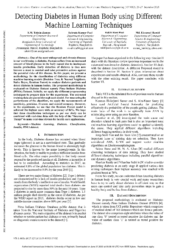 (PDF) Detecting Diabetes in Human Body using Different Machine Learning ...